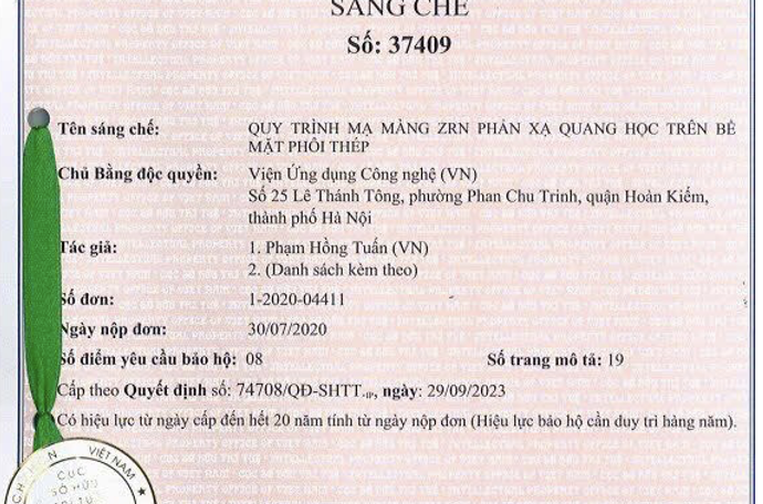 “Quy trình mạ màng ZrN phản xạ quang học trên bề mặt phôi thép” được Cục sở hữu trí tuệ cấp bằng ...